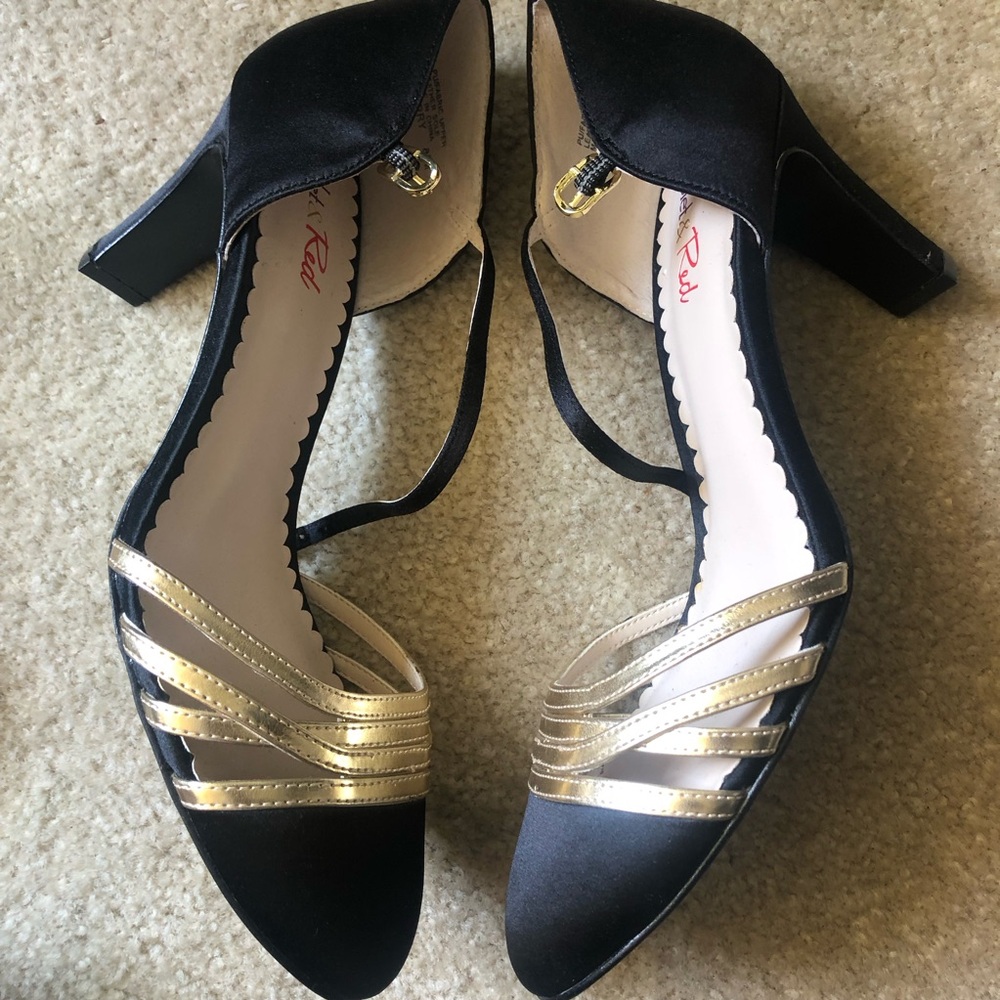 Violet & Red Black Satin & Gold Accent Shoes. - Gem